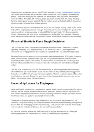 University of New Orleans Announces Furlough Plan to Address Budget ...