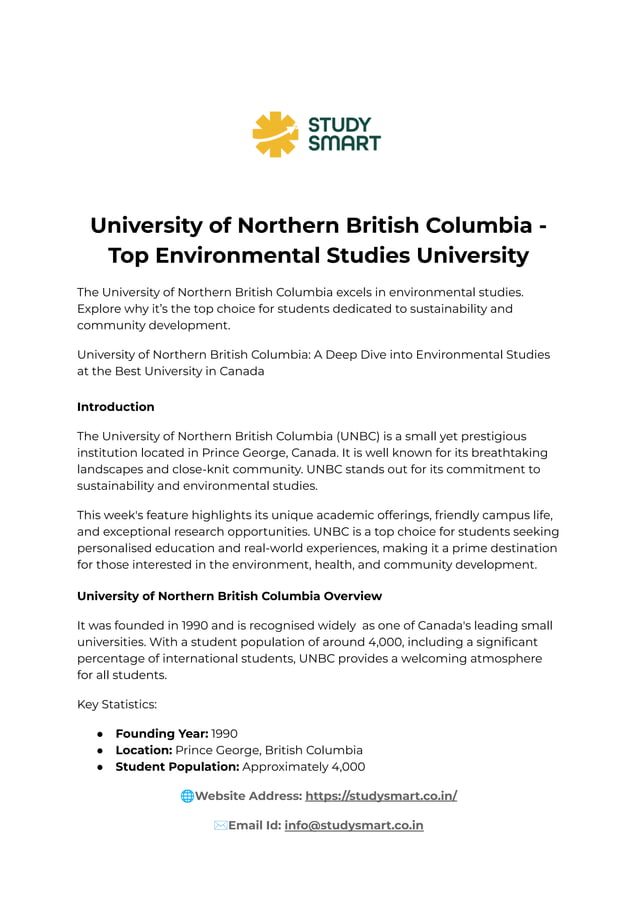 Study Destination University of Northern British Columbia | PDF