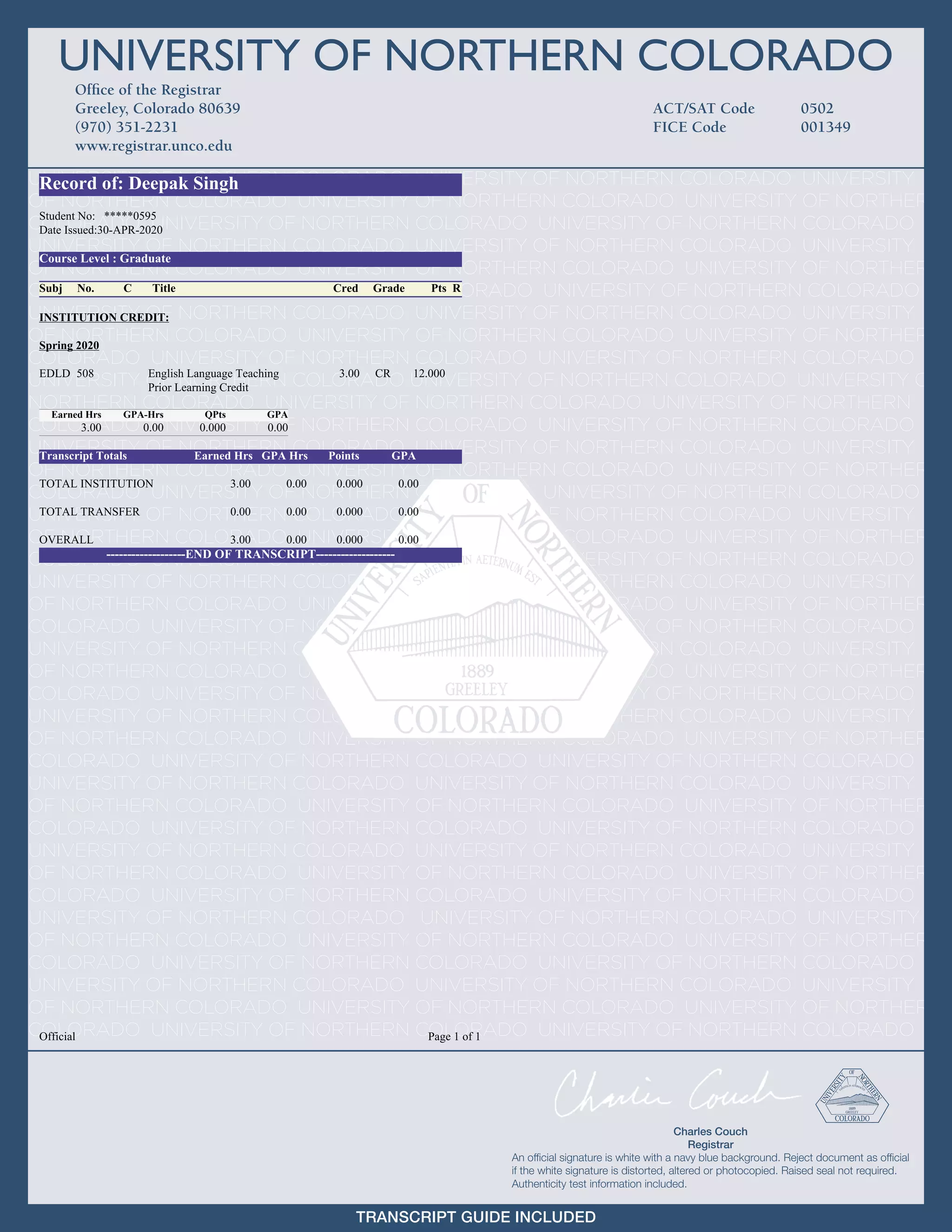 University of Northern Colorado Transcript of Deepak (Danny) Singh | PDF