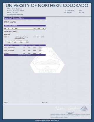 University of Northern Colorado Transcript of Deepak (Danny) Singh | PDF