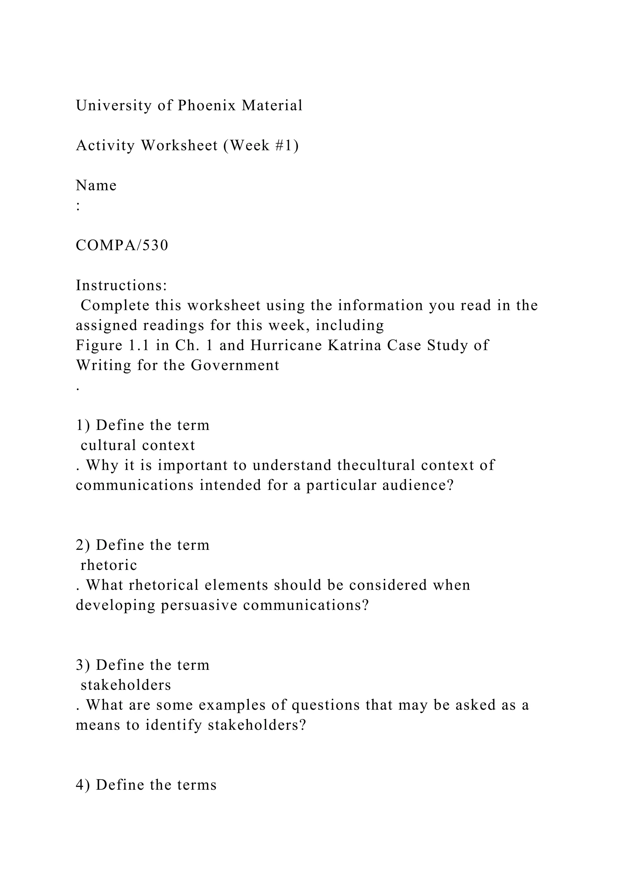University of Phoenix MaterialActivity Worksheet (Week #1) N.docx