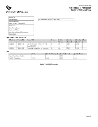 University of Phoenix Transcript of Deepak (Danny) Singh | PDF | Education