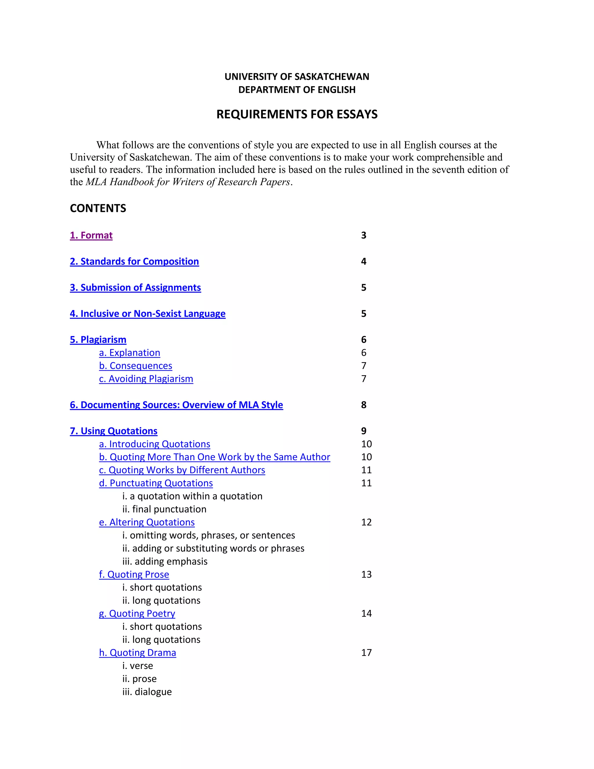 University of saskatchewan requirements foressays | PDF
