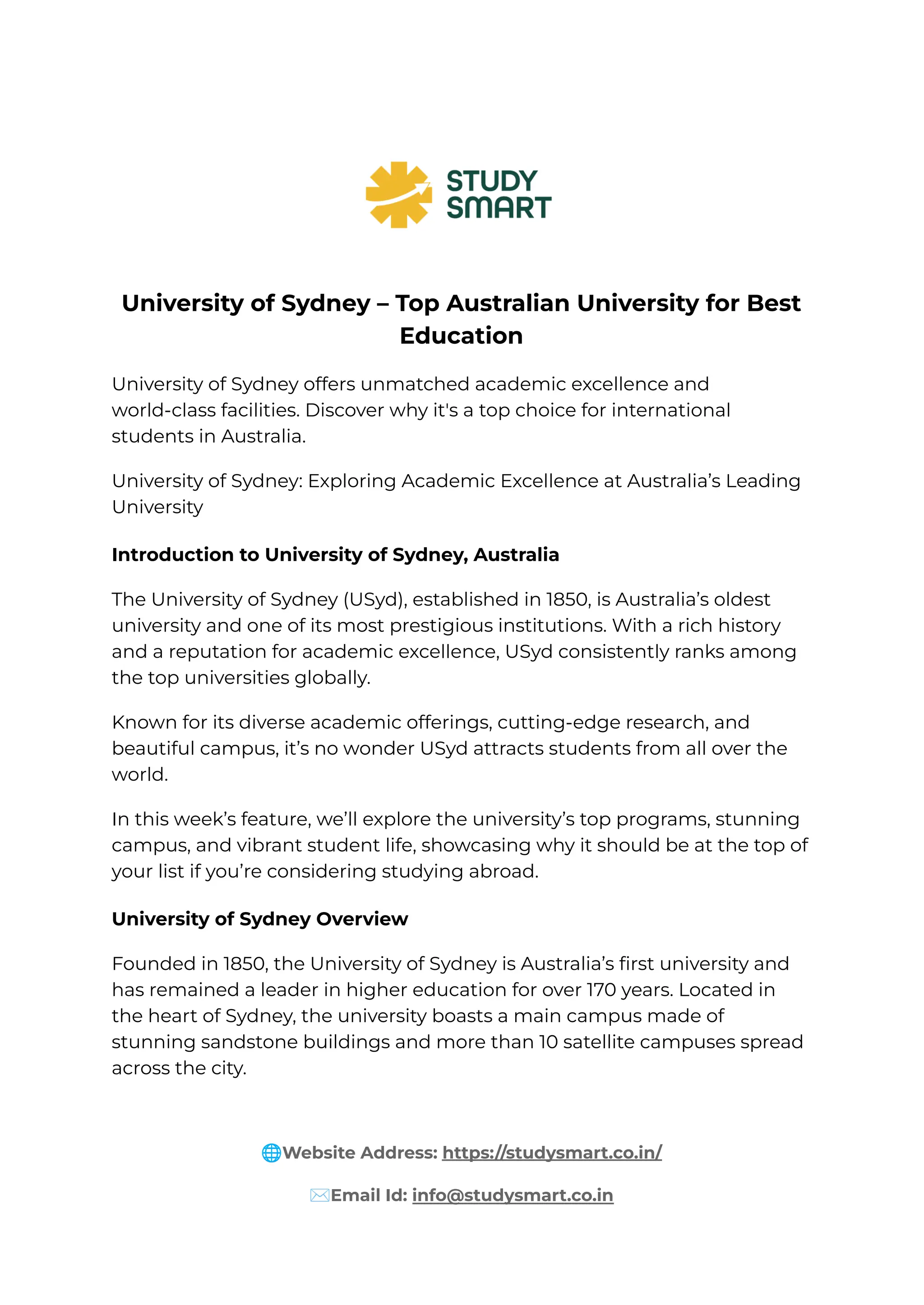 Study Destination - University of Sydney | PDF