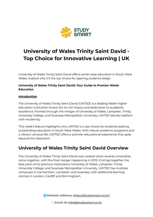 Study Destination University of Wales Trinity Saint David | PDF