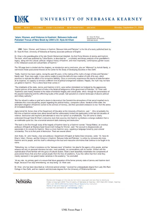 UNK Focus on Dr. Nyla Ali Khan | PDF