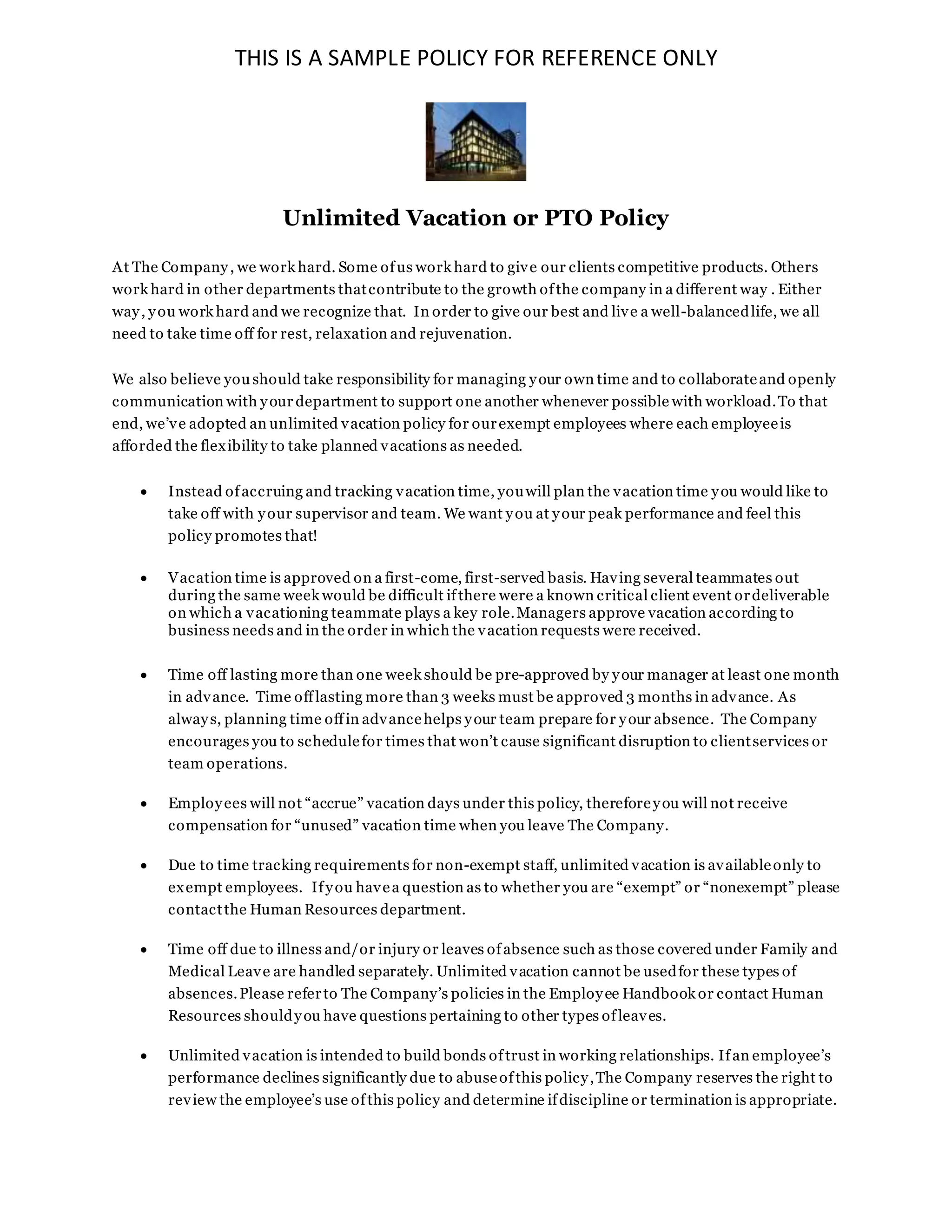 Unlimited vacation policy, pto policy, sample for reference only | DOCX