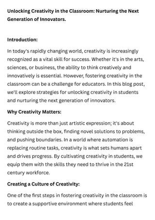 Unlocking Creativity in the Classroom Nurturing the Next Generation of ...