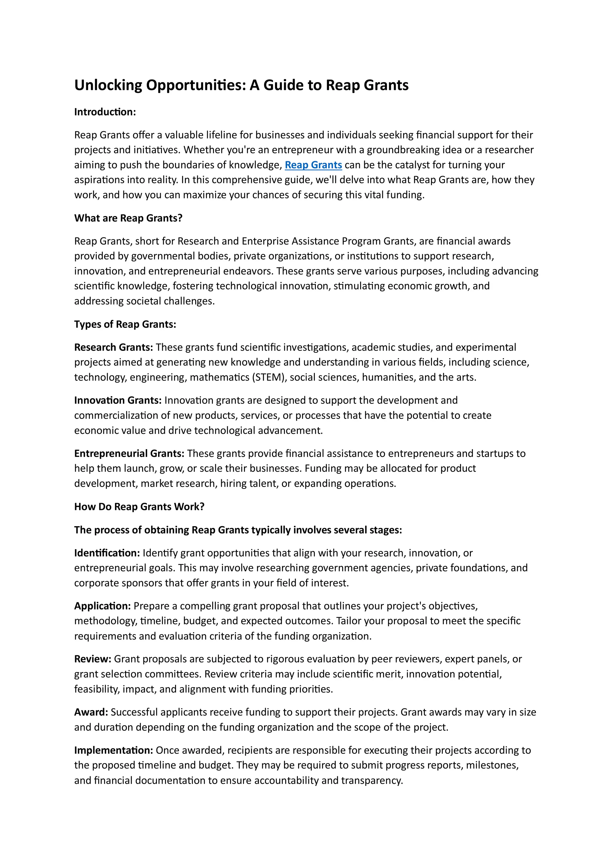 Unlocking Opportunities: A Guide to Reap Grants | PDF