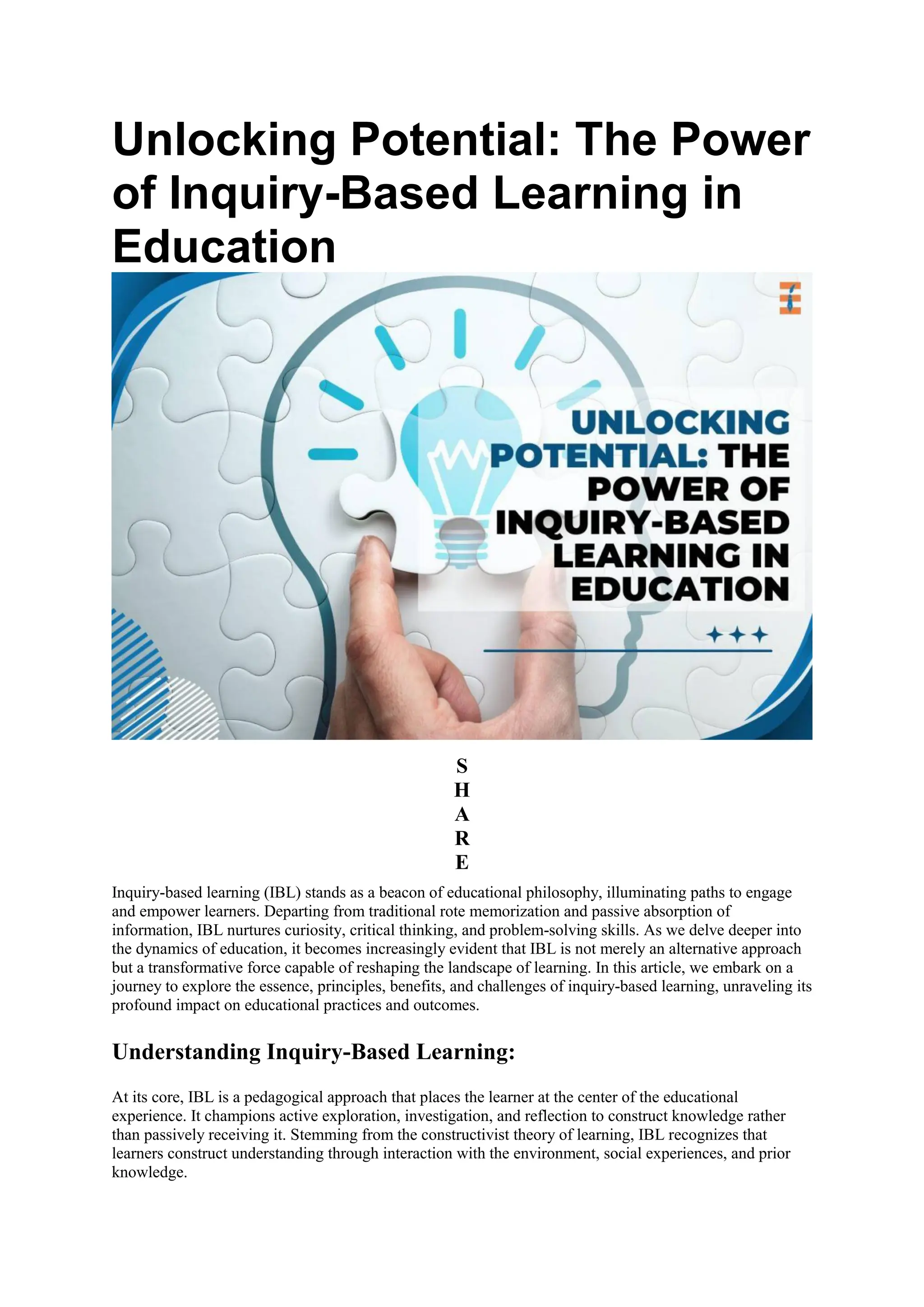 Unlocking Potential: The Power of Inquiry-Based Learning in Education | PDF
