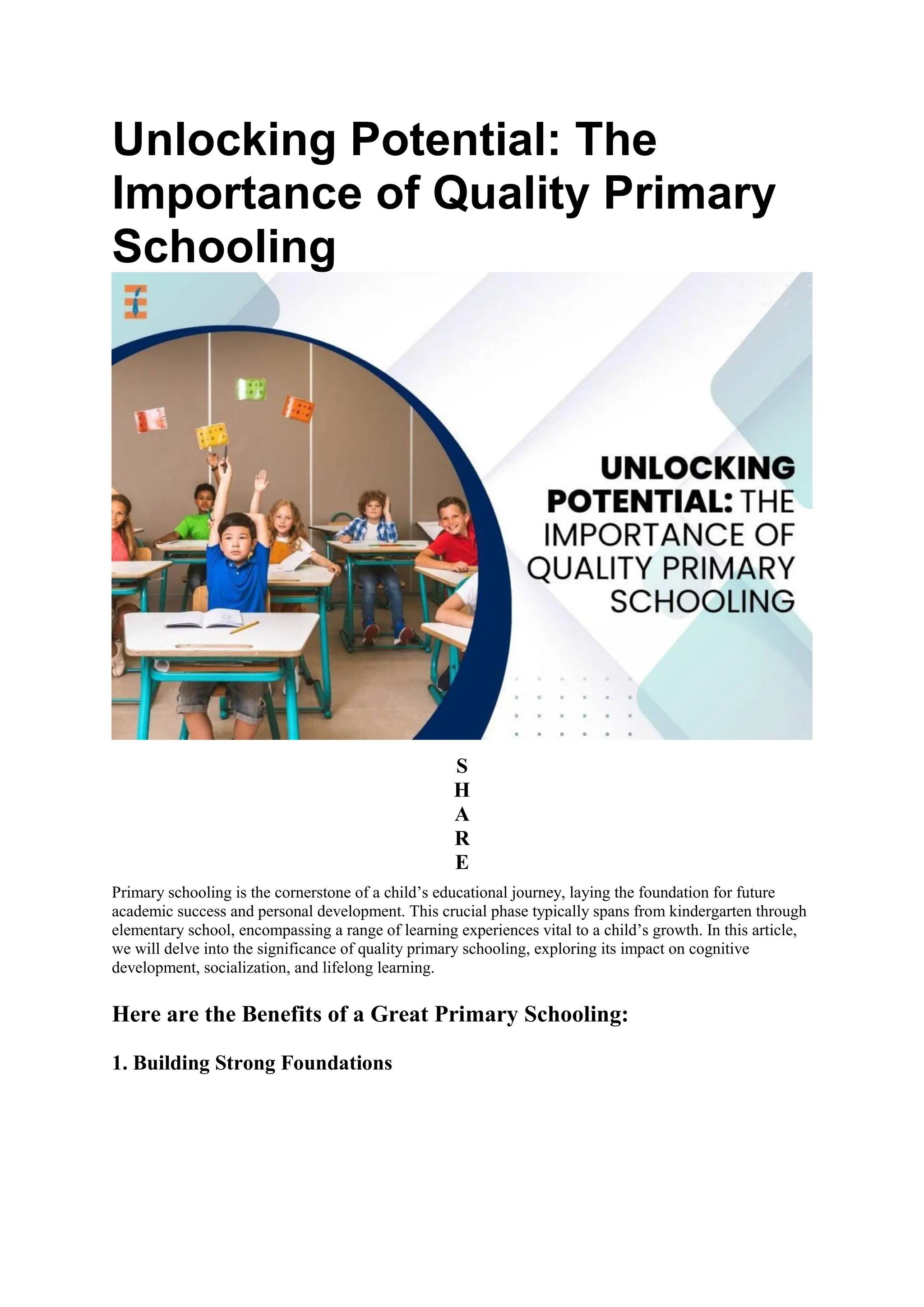 Unlocking Potential: The Importance of Quality Primary Schooling | PDF