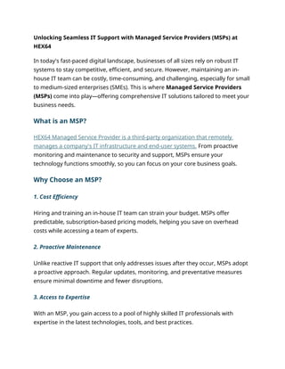 Unlocking Seamless IT Support with Managed Service Providers (MSPs) at HEX64.docx