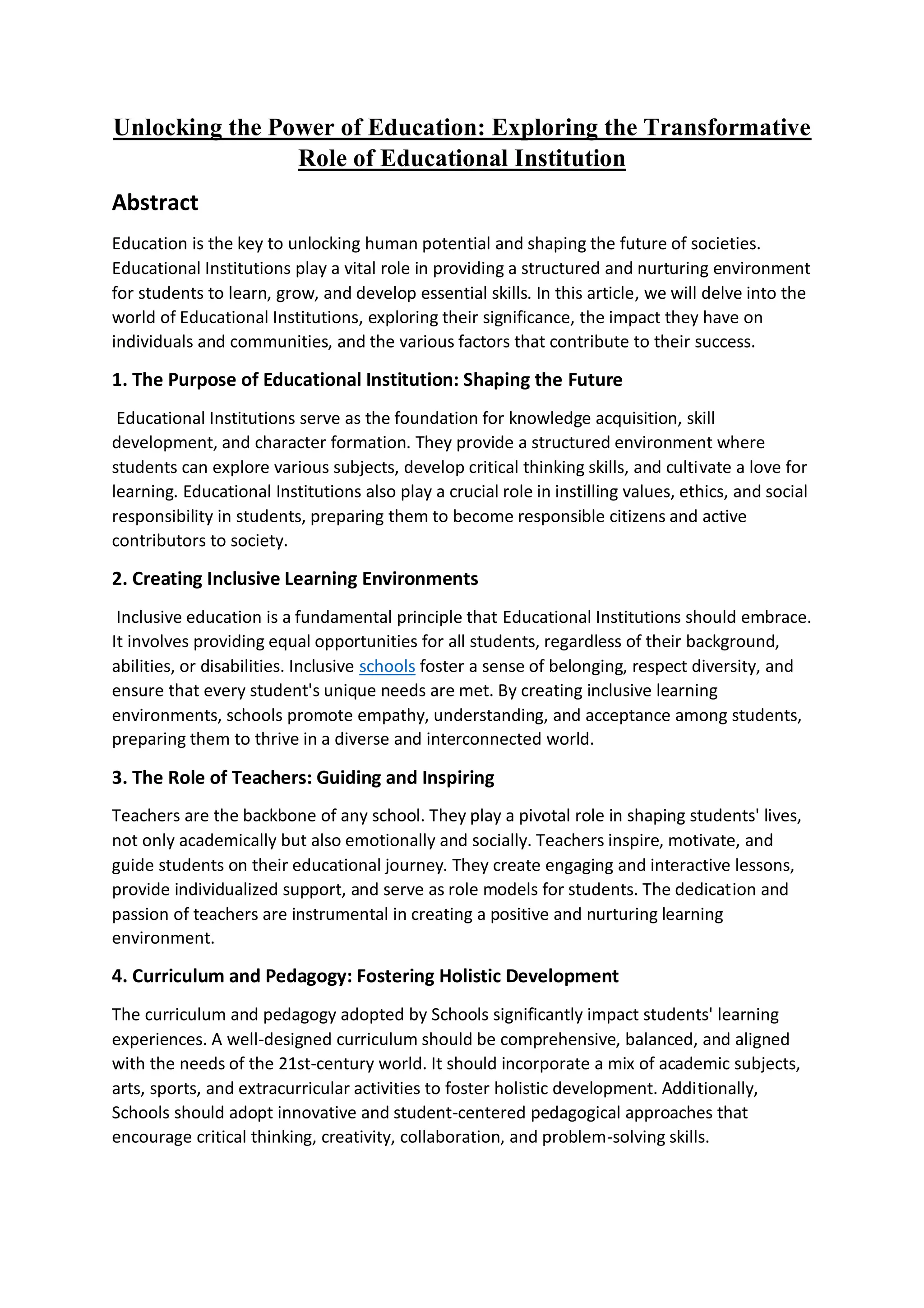 Unlocking The Power Of Education: Exploring The Transformative Role Of Educational Institution | PDF
