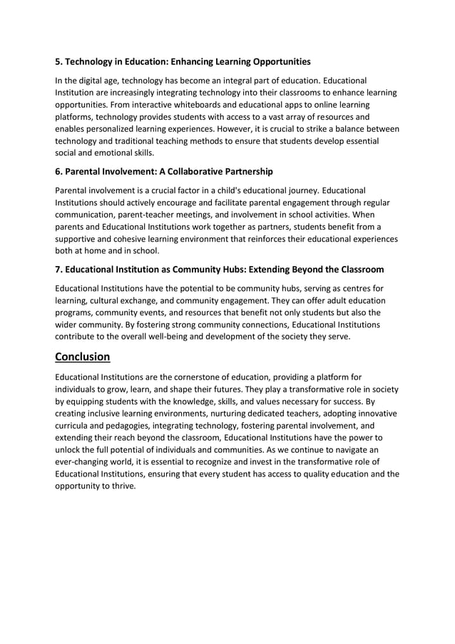 Unlocking The Power Of Education: Exploring The Transformative Role Of Educational Institution | PDF