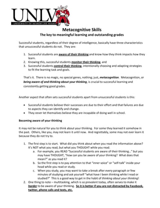 Unlv Metacognitive Skills | PDF