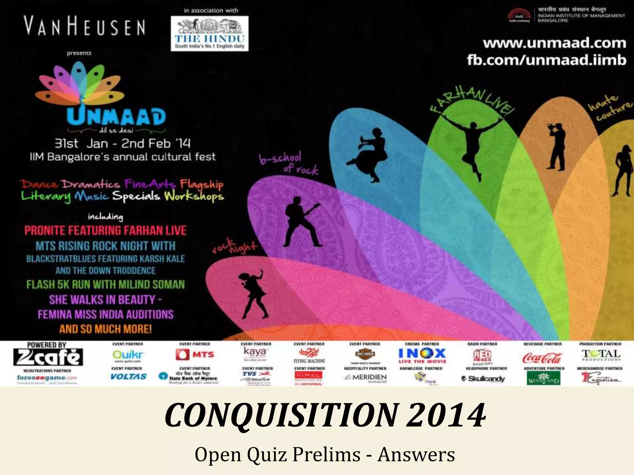 Unmaad 2014 Open Quiz at IIM Bangalore - Prelims with Answers | PPTX