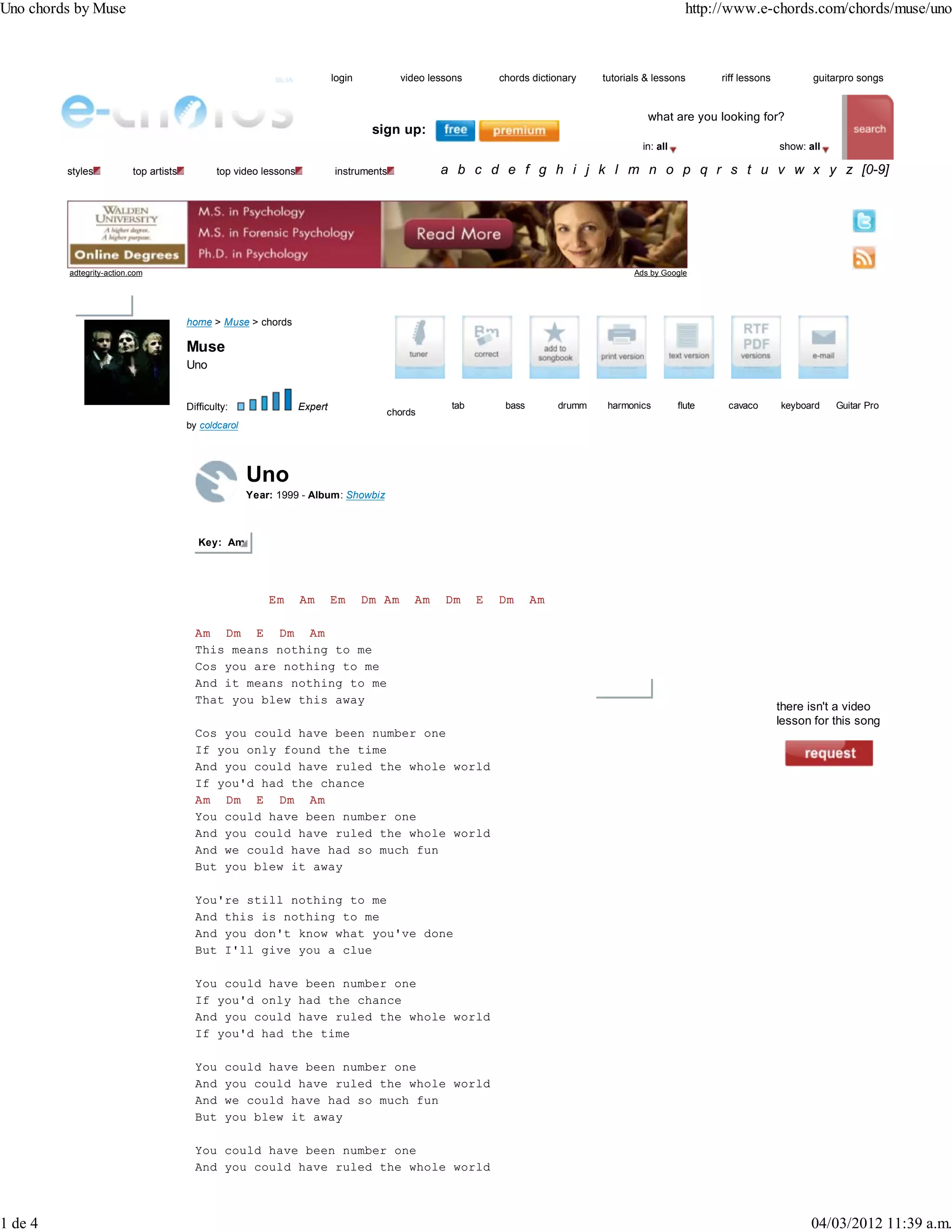 Uno chords by muse | PDF