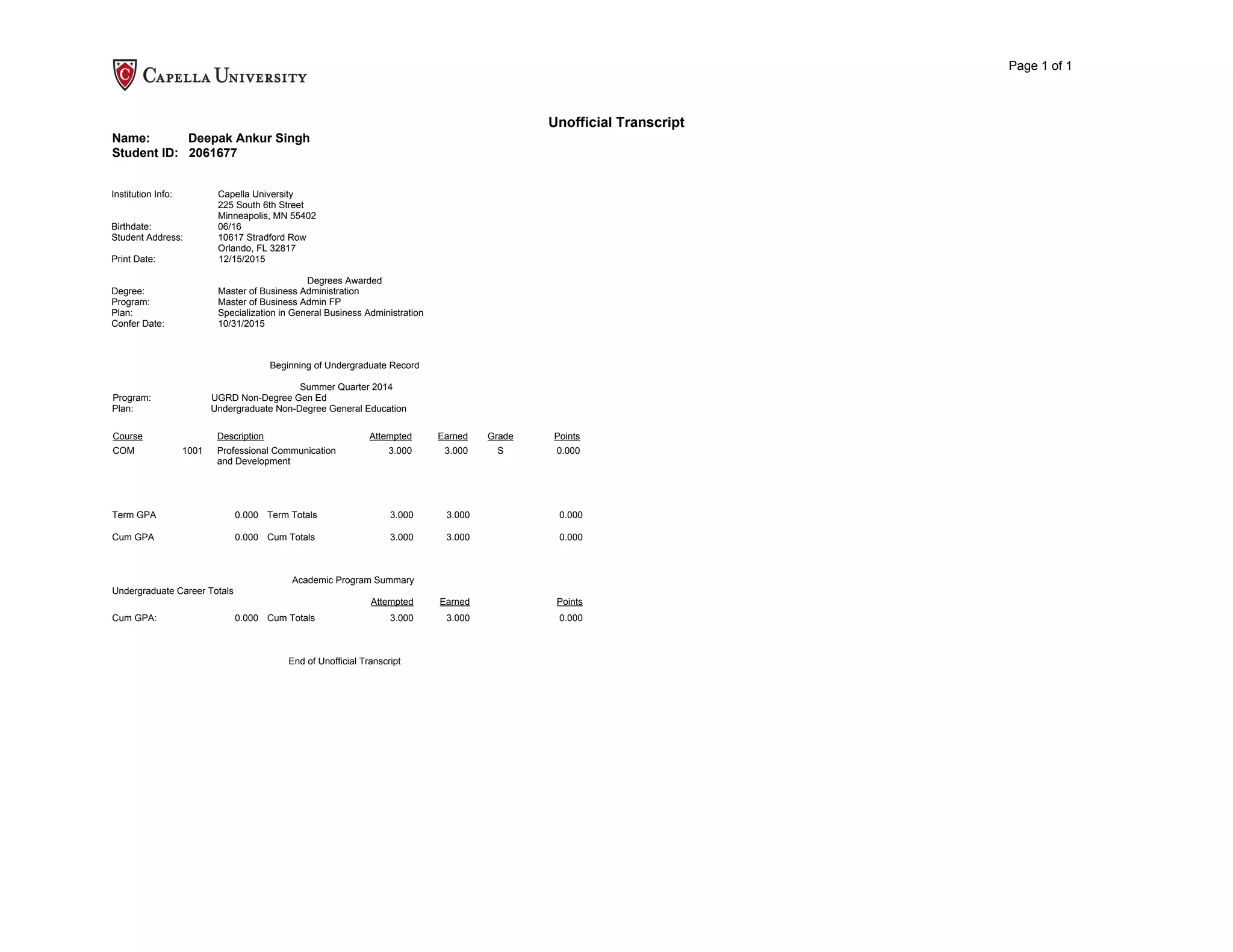 Unofficial College Transcripts of Deepak (Danny) Singh | PPT