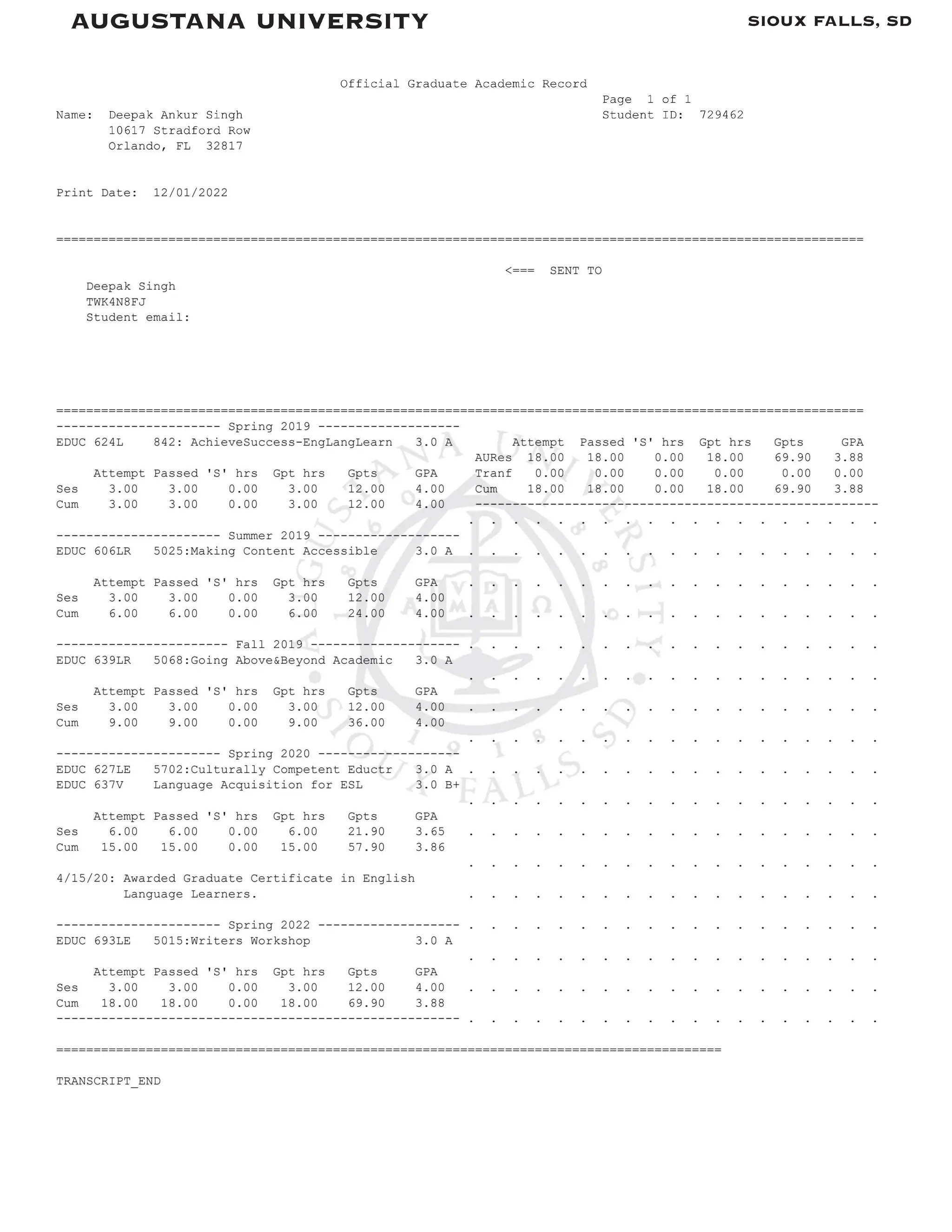 Unofficial Graduate Transcripts of Deepak (Danny) Singh January 22, 2025 | PDF