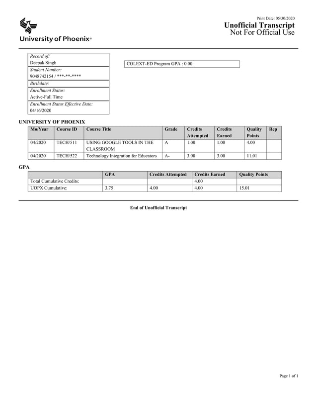 Unofficial Graduate Transcripts of Deepak (Danny) Singh January 22 ...