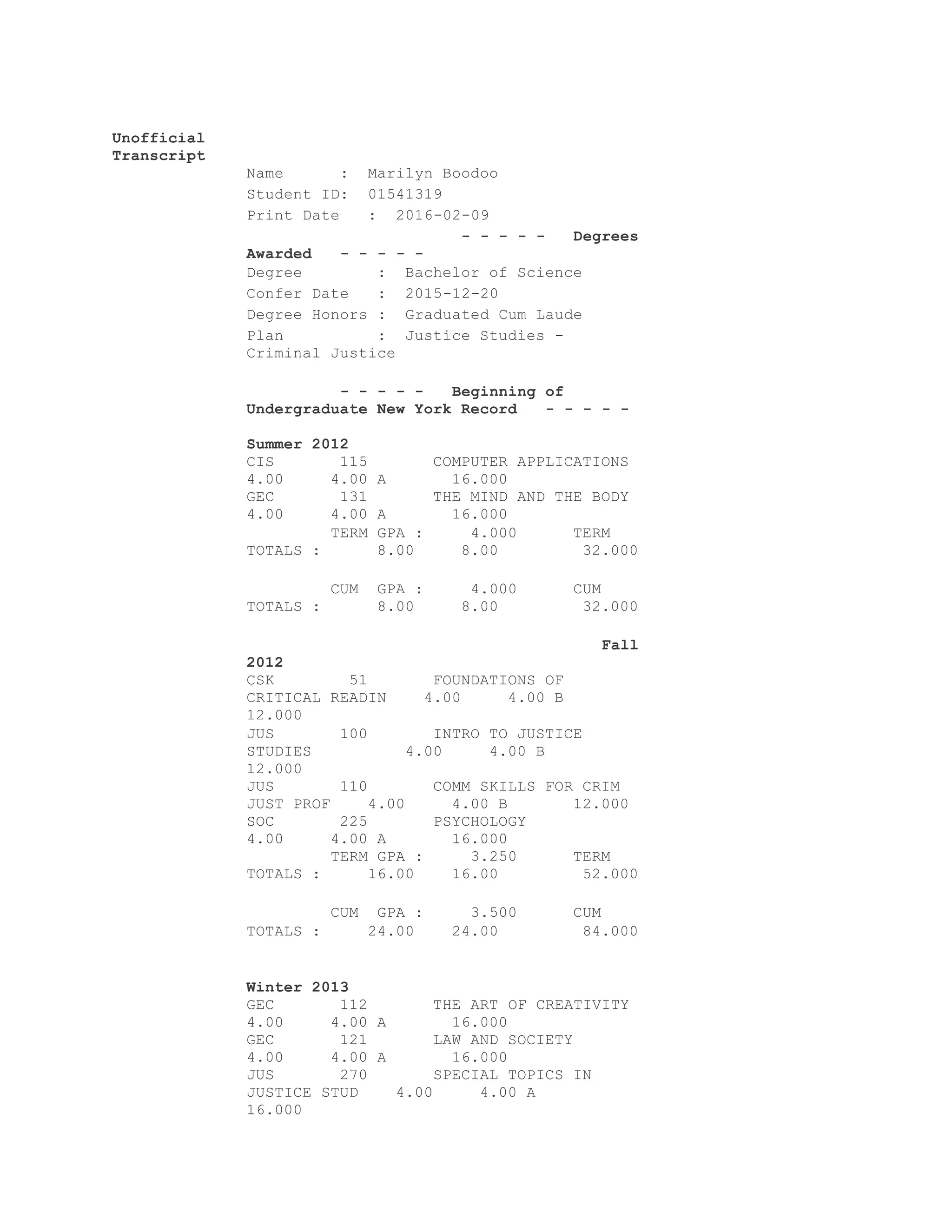 Unofficial transcript. jan 2016 | DOCX