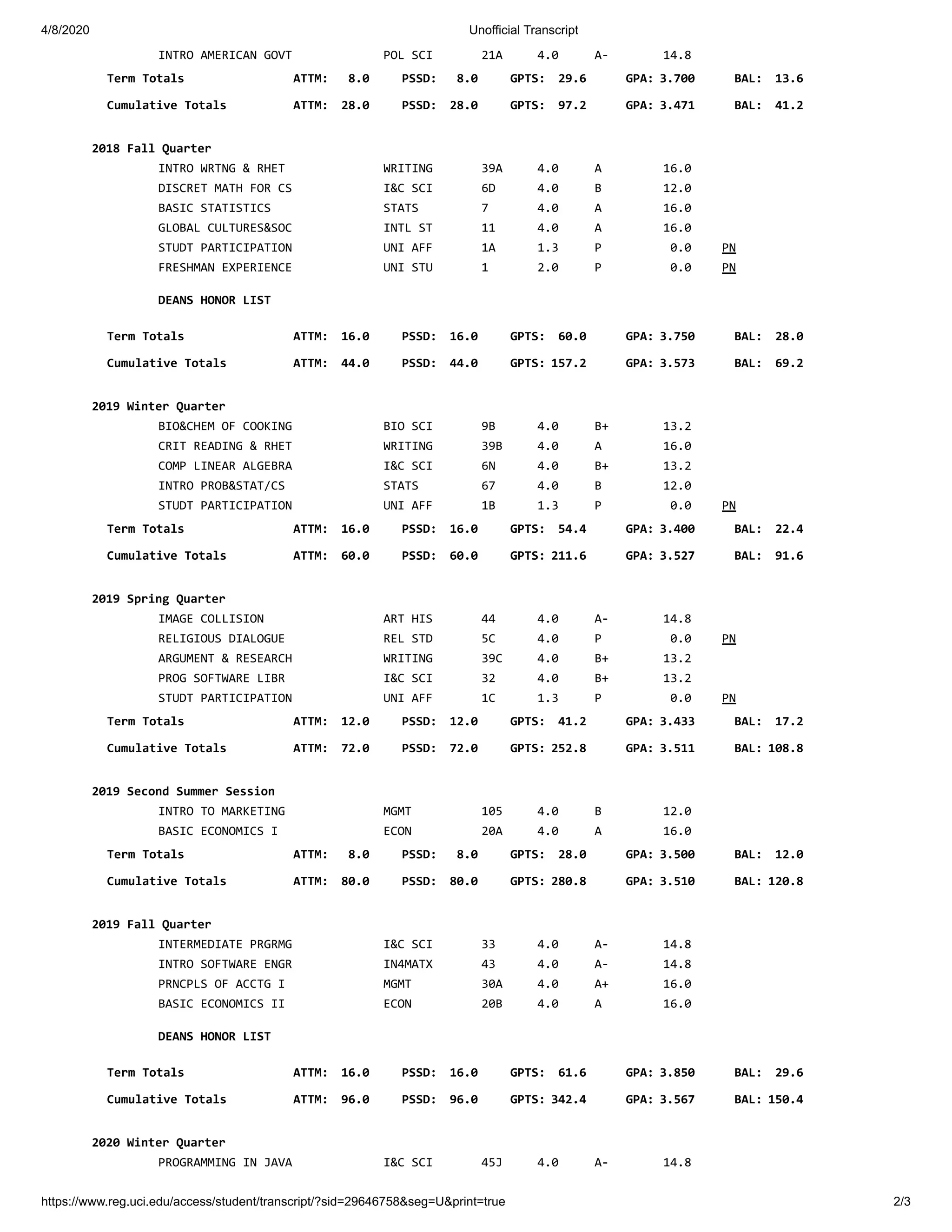 Unofficial transcript | PDF