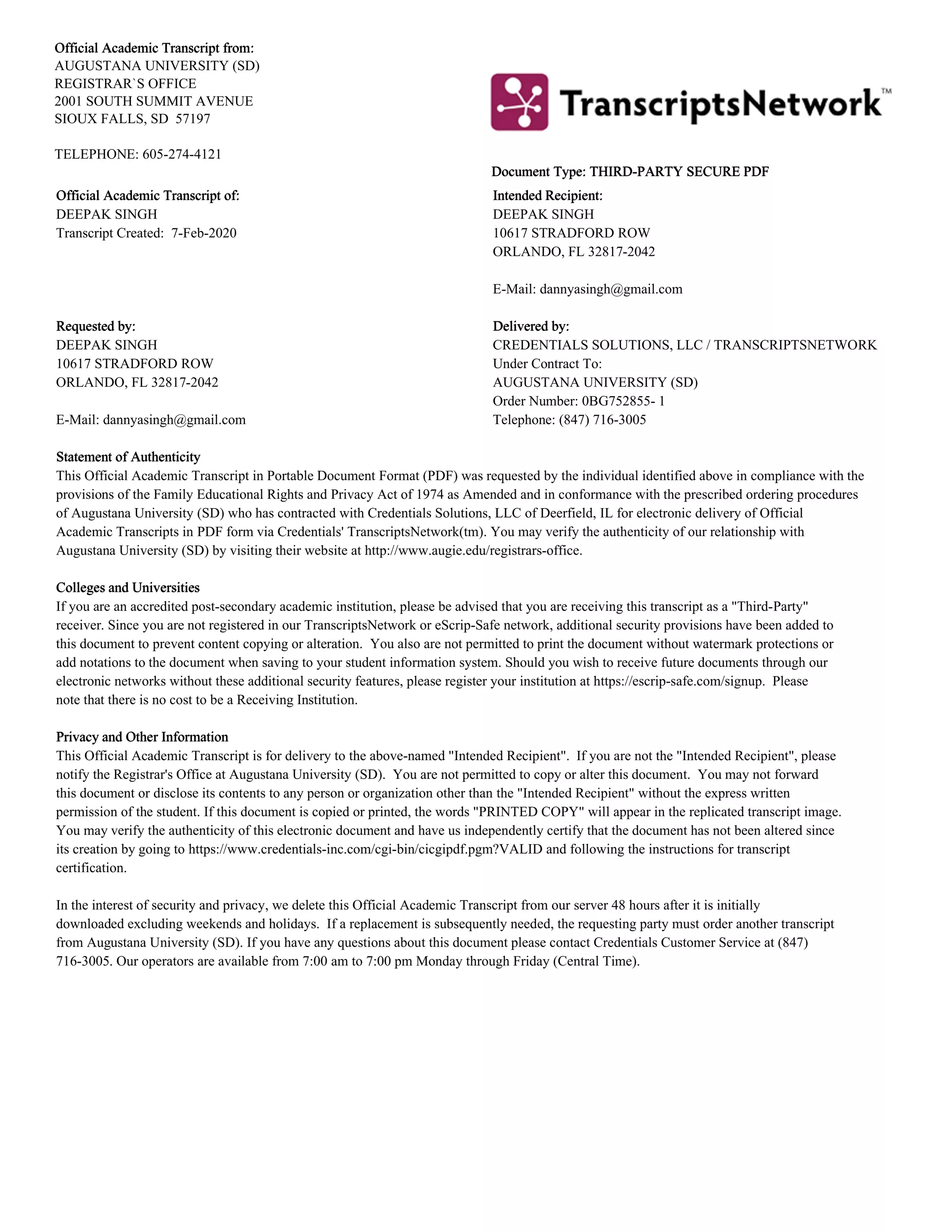 Walden University and Augustana University Transcripts of Deepak (Danny) Singh | PDF