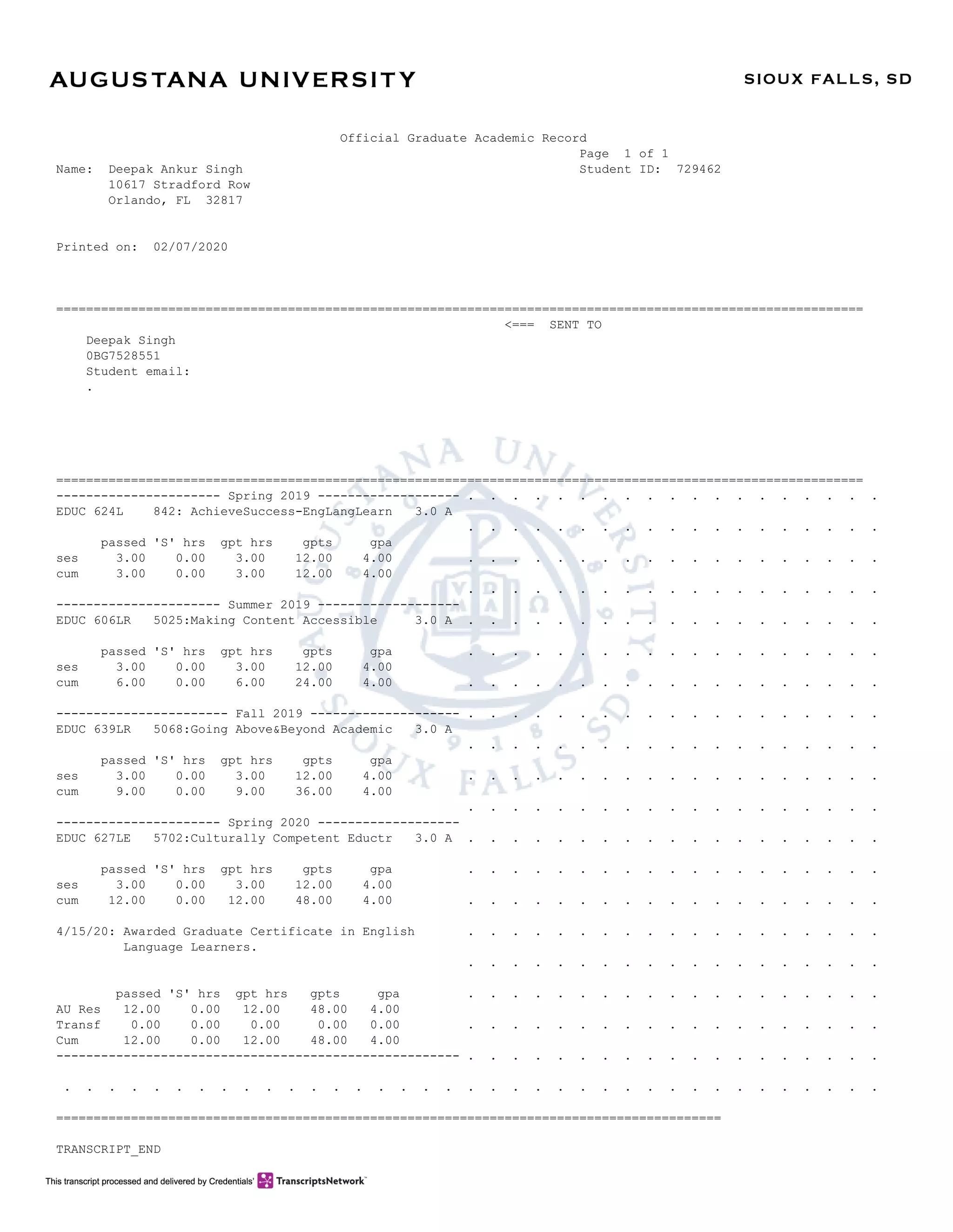 Walden University and Augustana University Transcripts of Deepak (Danny ...