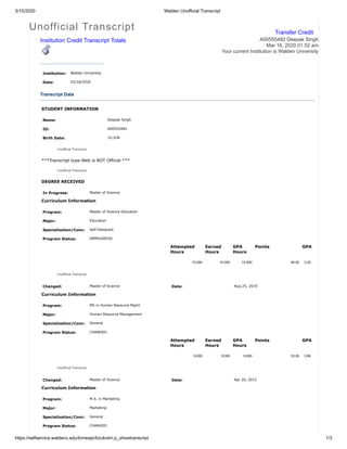 Walden University and Augustana University Transcripts of Deepak (Danny) Singh | PDF