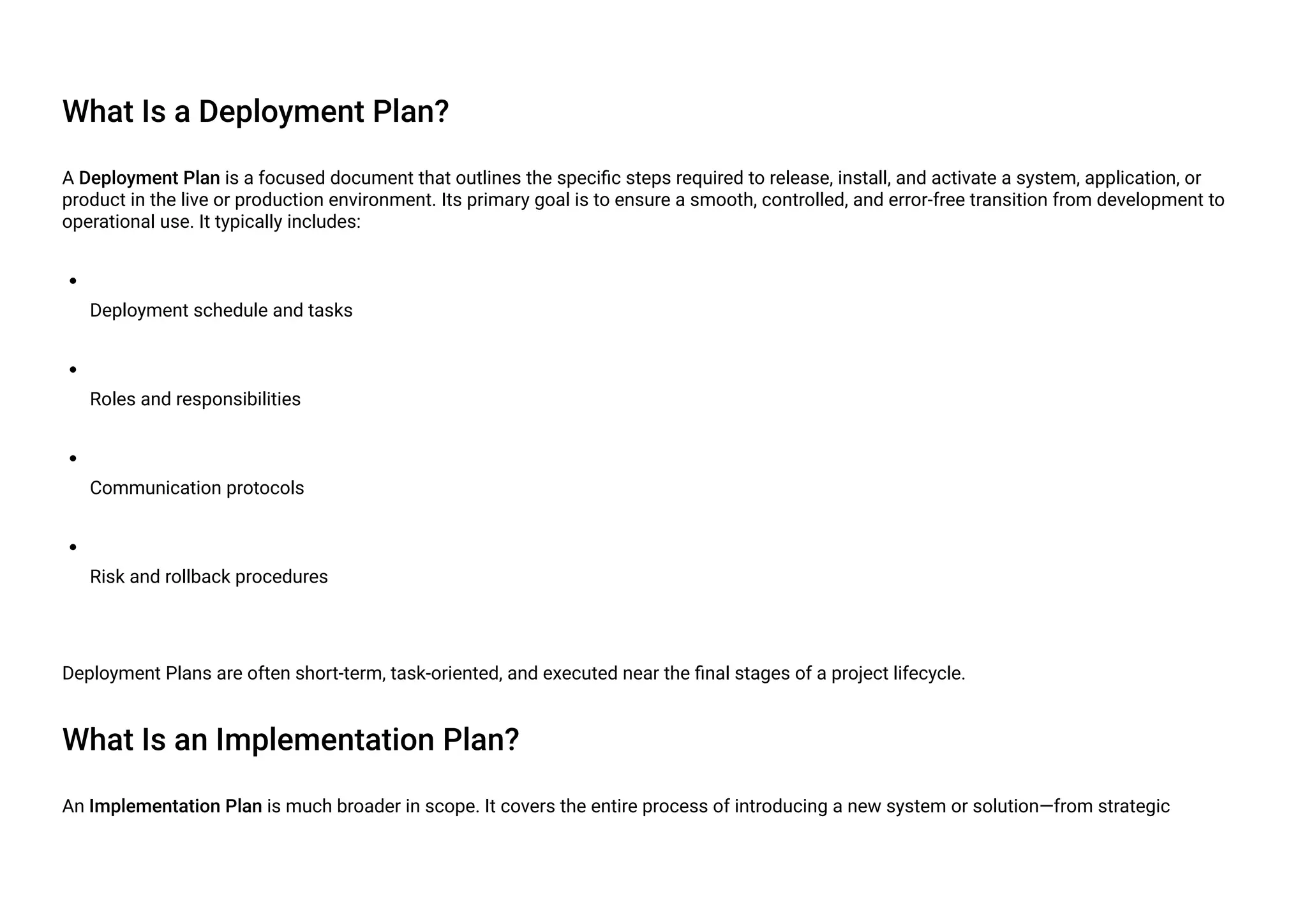 How does a Deployment Plan differ from an Implementation Plan? | PDF