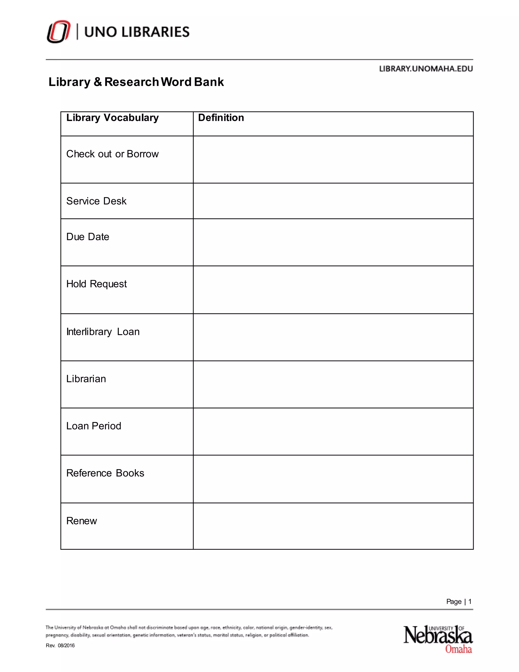 UNO Libraries Vocabulary Worksheet. | DOCX