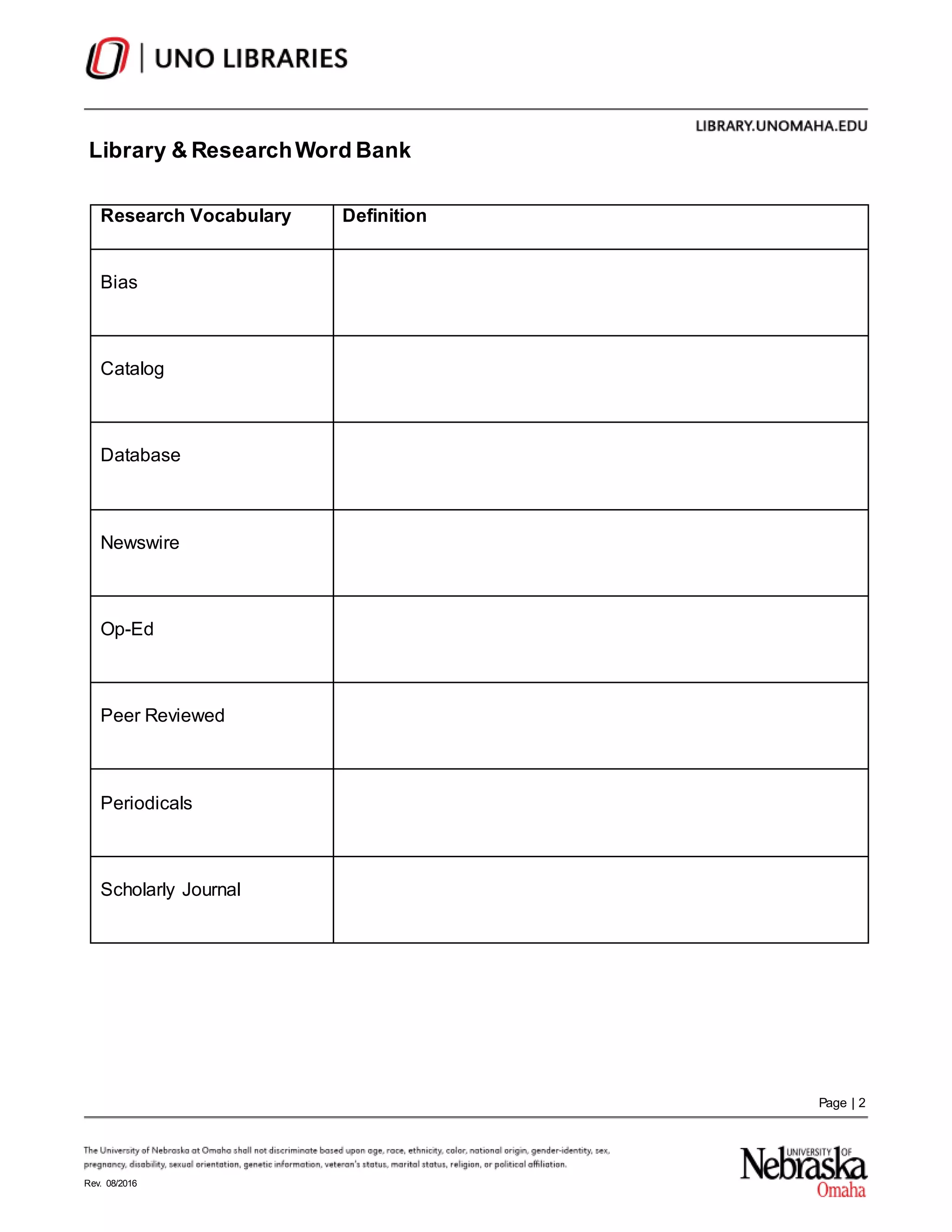 UNO Libraries Vocabulary Worksheet. | DOCX