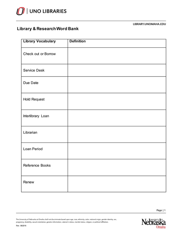 UNO Libraries Vocabulary Worksheet. | DOCX