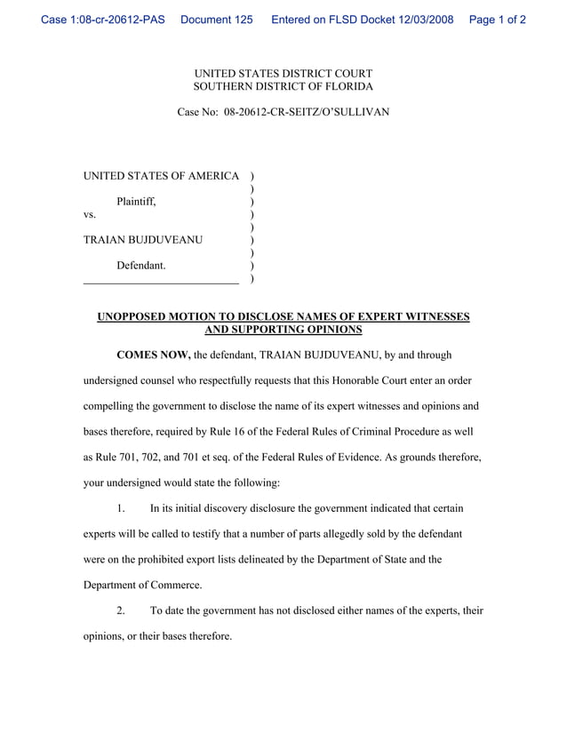 Unopposed motion to disclose names of expert witnesses and supporting ...