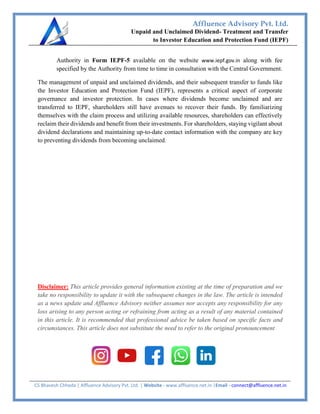 Unpaid and Unclaimed Dividend- Treatment and Transfer to Investor ...