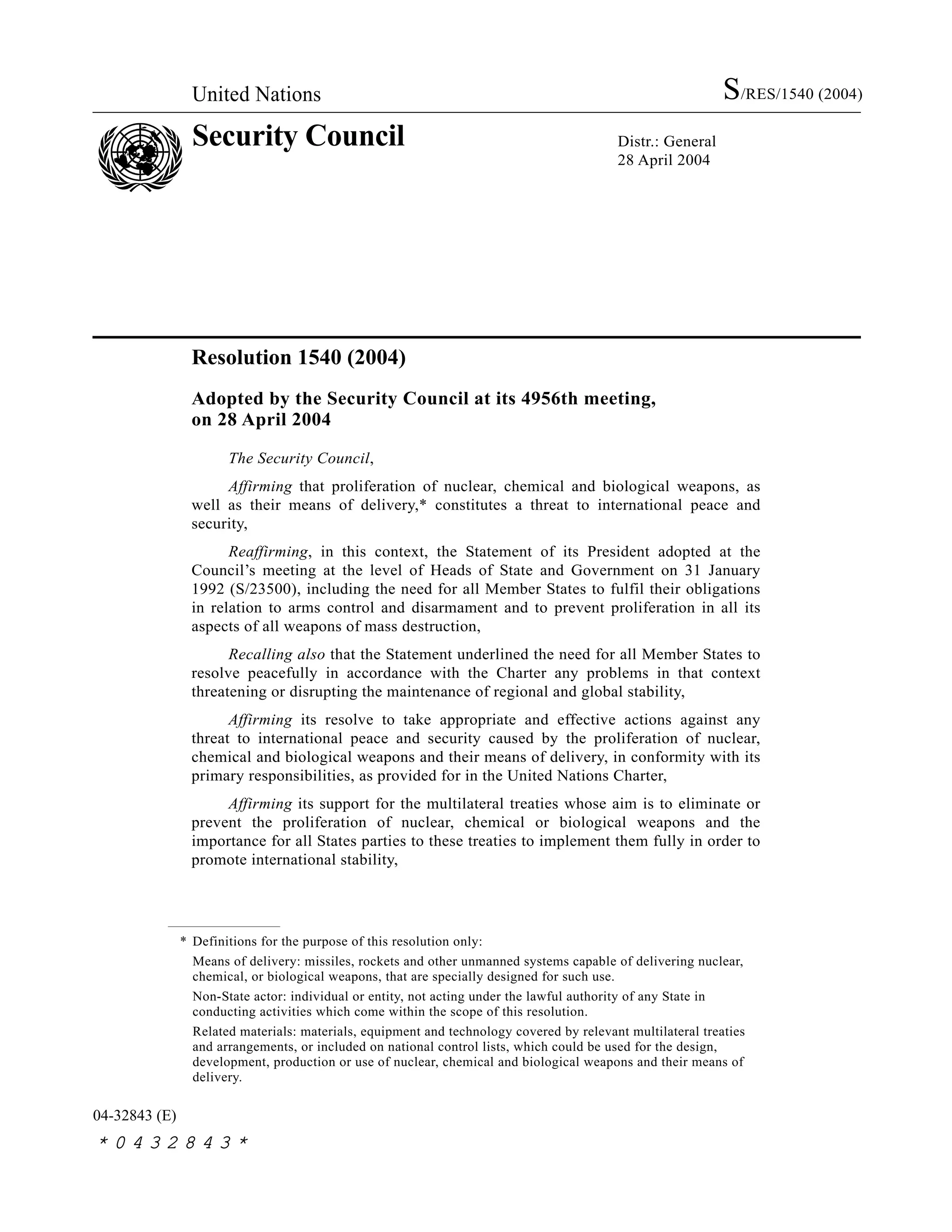 Unscr 1540 2004 | PDF