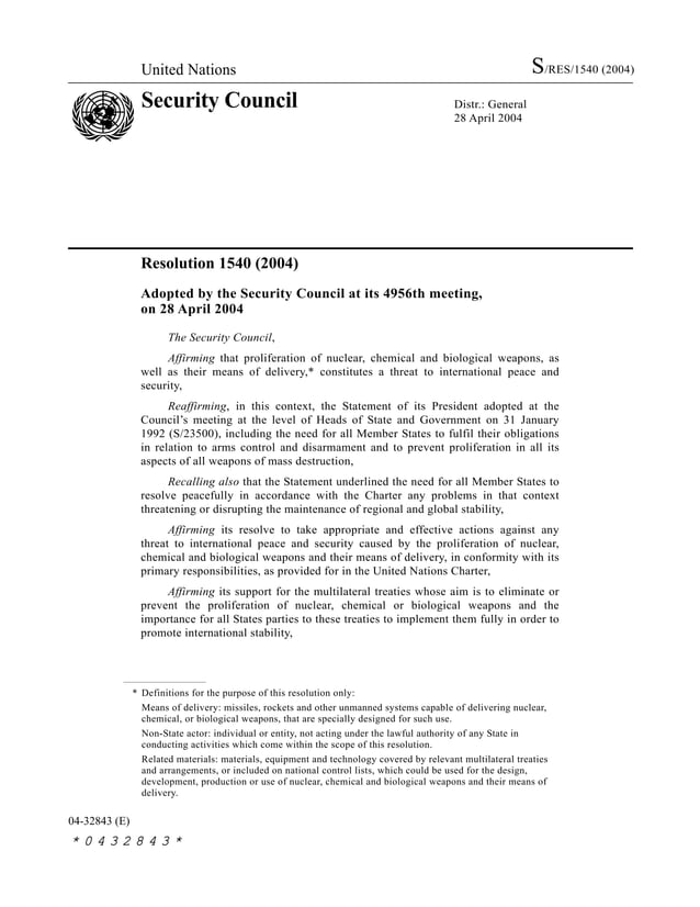 Unscr 1540 2004 | PDF