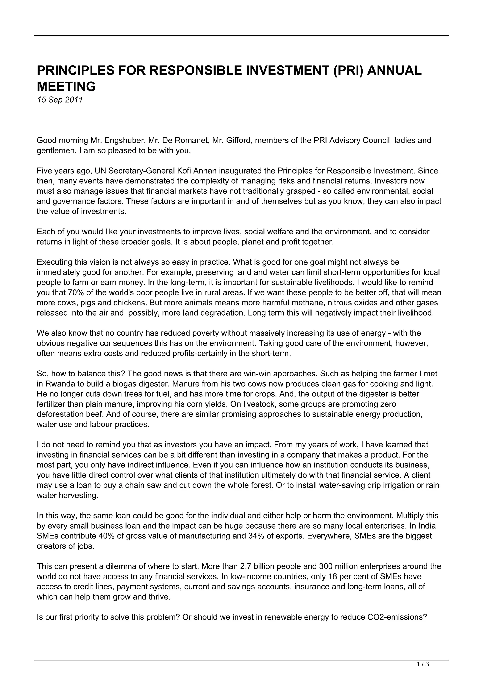 Unsgsa principles for responsible investment pri-annual meeting | PDF