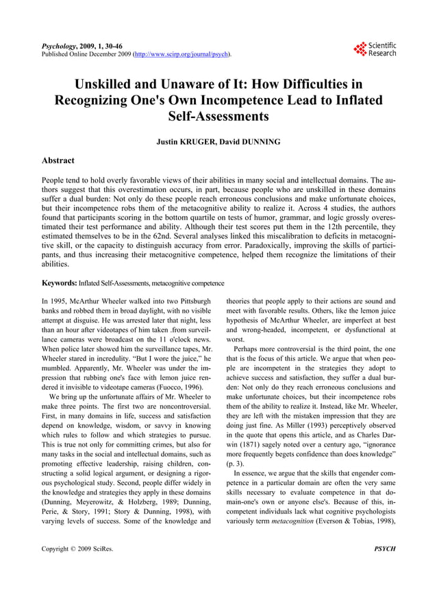 Unskilled and unaware of it how difficulties in recognizing ones own ...