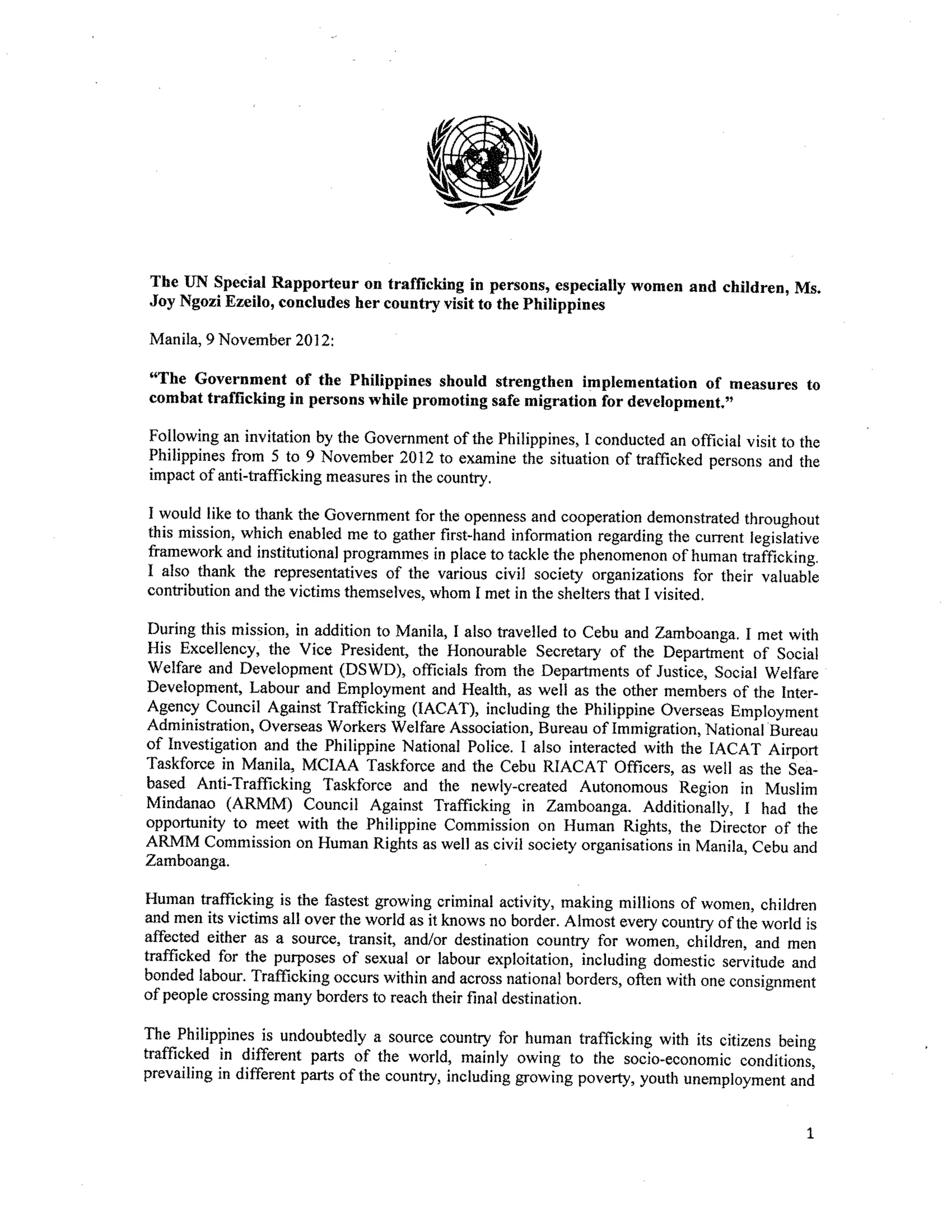 UN Special Rapporteur on Trafficking in Persons Joy Ngozi Ezeilo Report ...