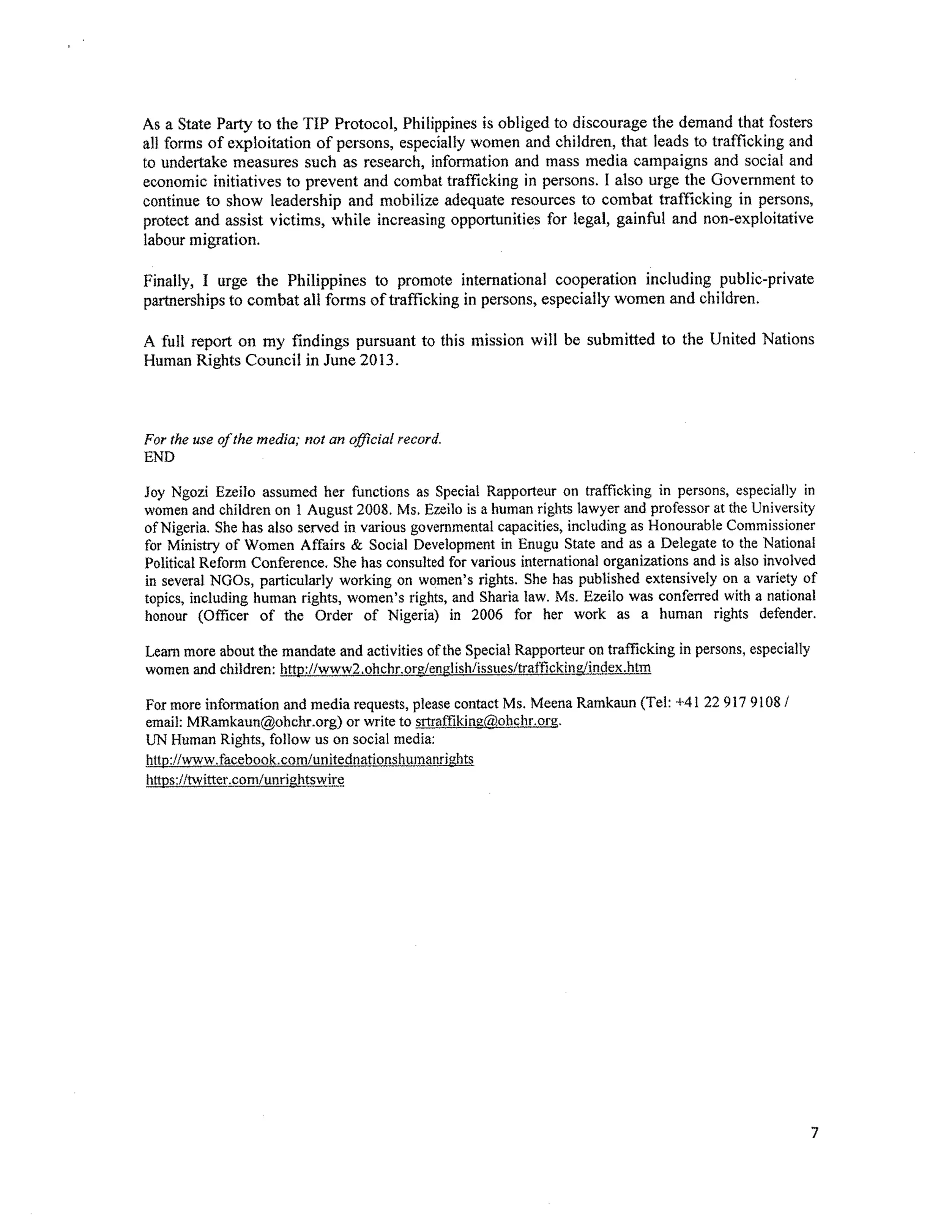 UN Special Rapporteur on Trafficking in Persons Joy Ngozi Ezeilo Report ...