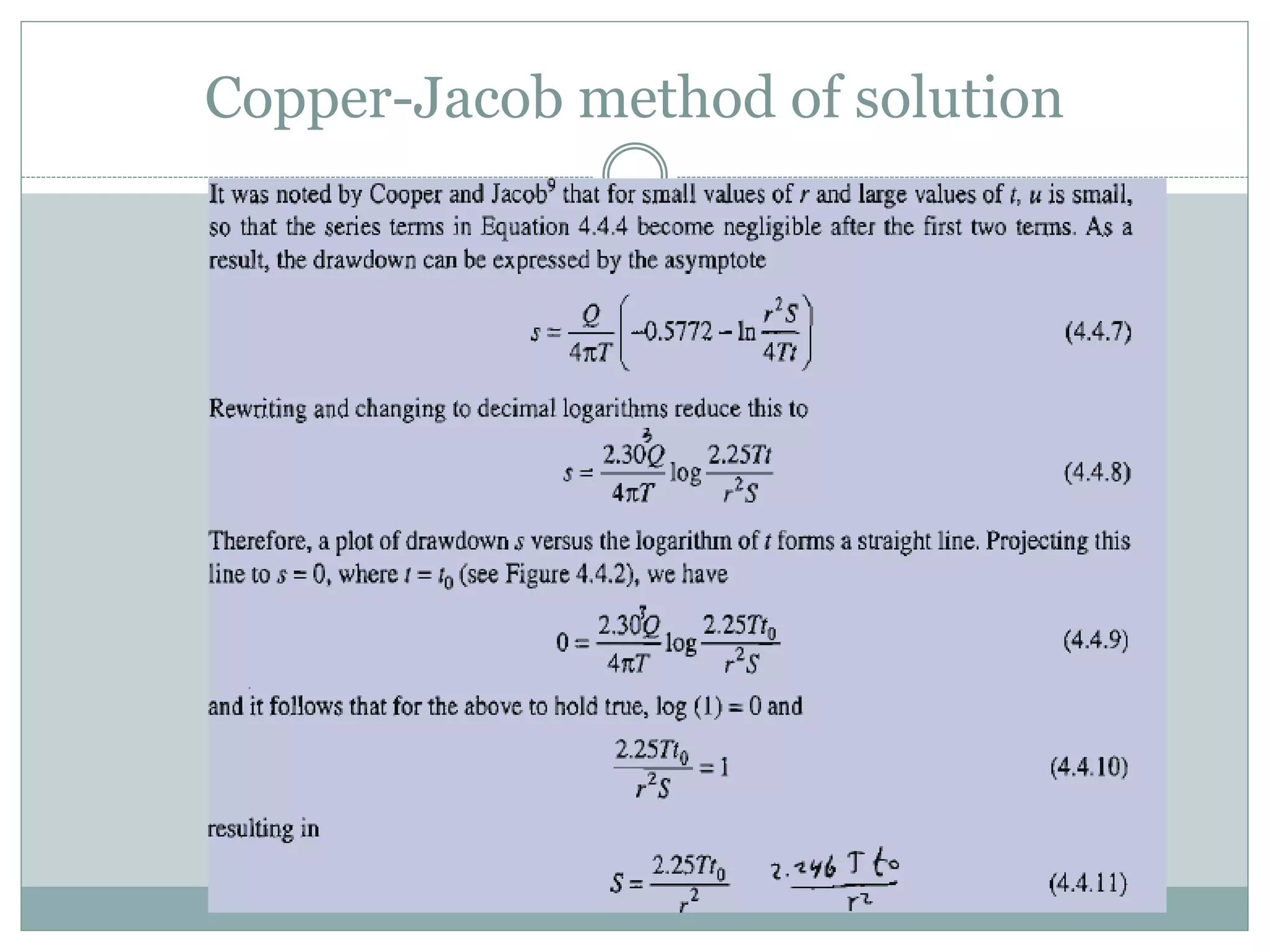 Unsteady Radial Flow In A Confined Aquifer Nonequilibrium Well Pumping Equation Pptx