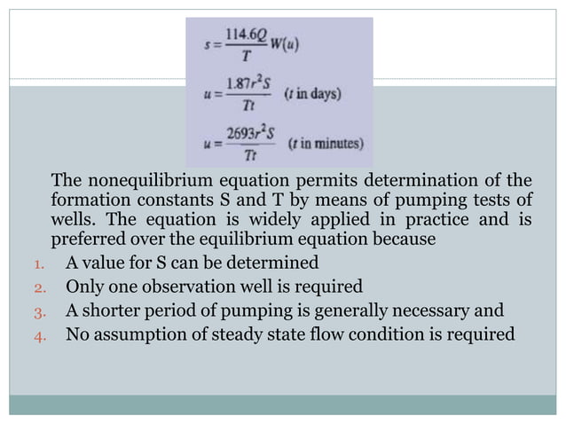 Unsteady radial flow in a confined aquifer Nonequilibrium well pumping ...