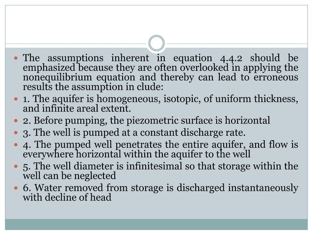 Unsteady radial flow in a confined aquifer Nonequilibrium well pumping ...