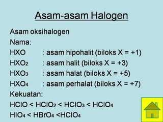 Kimia Unsur halogen, reaksi unsur halogen dan keberadaannya di alam | PPTX