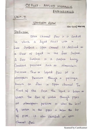 CE6403 APPLIED HYDRAULIC ENGINEERING UNIT I UNIFORM FLOW | PDF