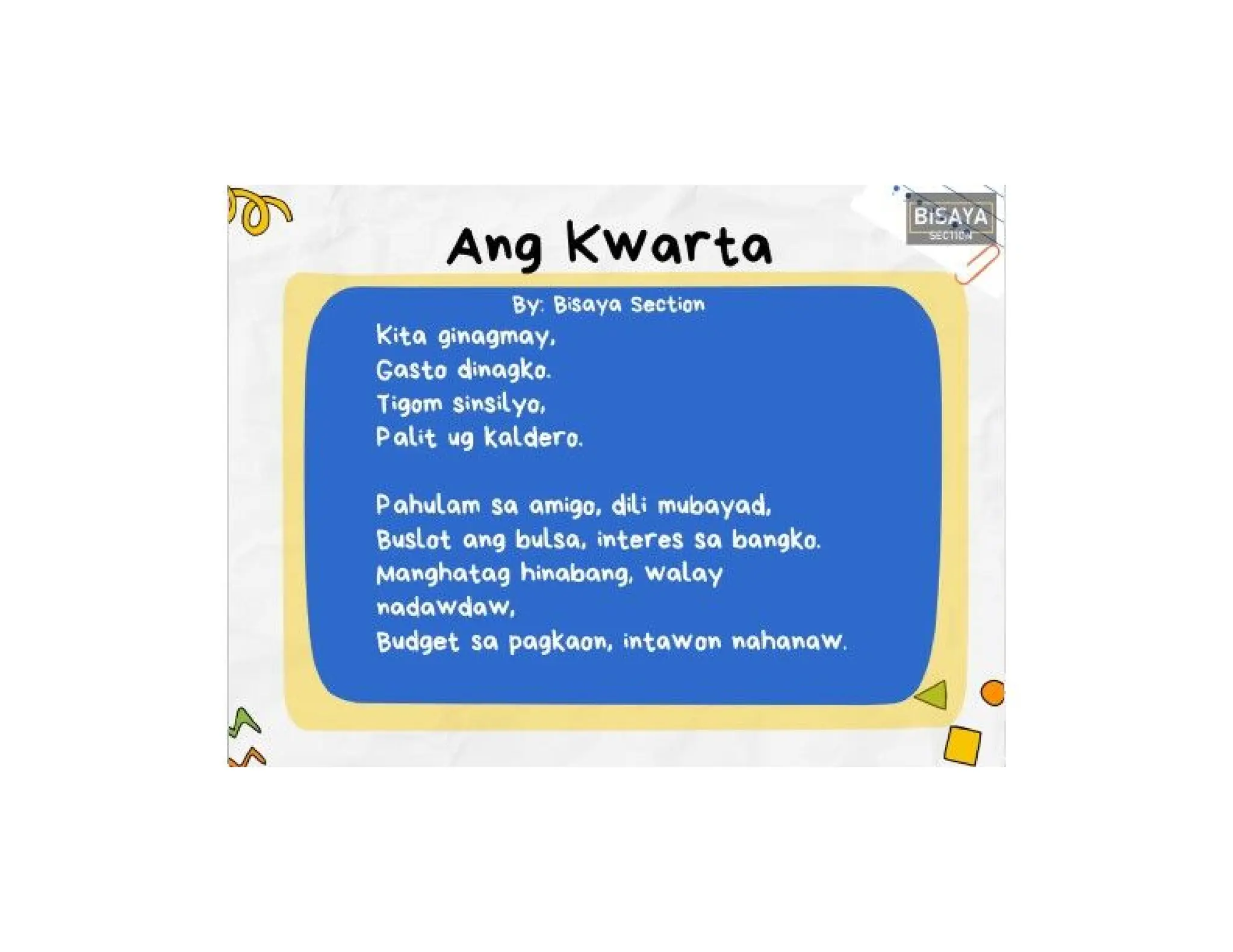 Ang Kwarta - a Poem in Binisaya Language | PDF