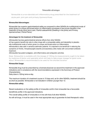 Nimesulide advantages | DOC | Pharmaceutical Drugs | Medical Health