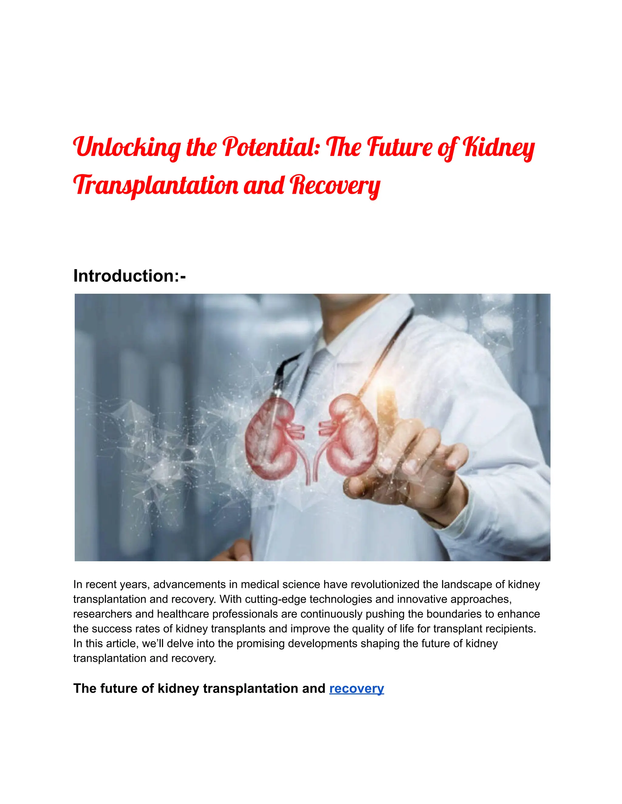 The Future of Kidney Transplantation and Recovery | PDF