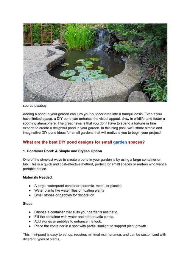 Easy and Creative DIY Pond Designs for Small Garden Spaces | PDF | Free ...